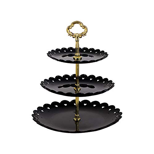 Black Round Plate 3 Tiered Serving Stand Tray Cake Stands Cupcake Holder Dessert Stand Table Decorations for Party Kids Birthday Tea Party Baby Shower