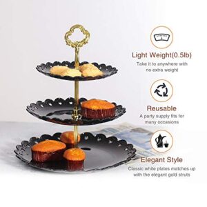 Black Round Plate 3 Tiered Serving Stand Tray Cake Stands Cupcake Holder Dessert Stand Table Decorations for Party Kids Birthday Tea Party Baby Shower