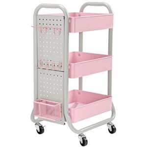 eureka ergonomic 3 tier rolling utility cart, metal craft art organization cart storage trolley w handle, locking wheels, pegboard & storage basket hook for office kitchen bathroom laundry room, pink