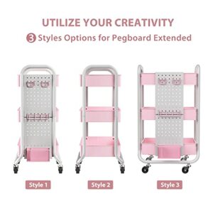 EUREKA ERGONOMIC 3 Tier Rolling Utility Cart, Metal Craft Art Organization Cart Storage Trolley w Handle, Locking Wheels, Pegboard & Storage Basket Hook for Office Kitchen Bathroom Laundry Room, Pink