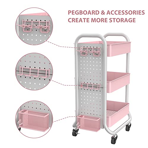 EUREKA ERGONOMIC 3 Tier Rolling Utility Cart, Metal Craft Art Organization Cart Storage Trolley w Handle, Locking Wheels, Pegboard & Storage Basket Hook for Office Kitchen Bathroom Laundry Room, Pink