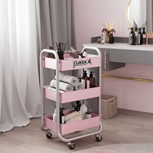 EUREKA ERGONOMIC 3 Tier Rolling Utility Cart, Metal Craft Art Organization Cart Storage Trolley w Handle, Locking Wheels, Pegboard & Storage Basket Hook for Office Kitchen Bathroom Laundry Room, Pink