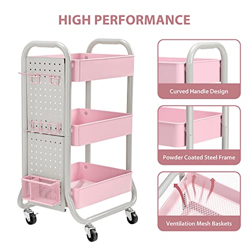 EUREKA ERGONOMIC 3 Tier Rolling Utility Cart, Metal Craft Art Organization Cart Storage Trolley w Handle, Locking Wheels, Pegboard & Storage Basket Hook for Office Kitchen Bathroom Laundry Room, Pink