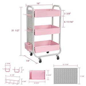 EUREKA ERGONOMIC 3 Tier Rolling Utility Cart, Metal Craft Art Organization Cart Storage Trolley w Handle, Locking Wheels, Pegboard & Storage Basket Hook for Office Kitchen Bathroom Laundry Room, Pink