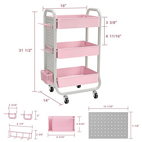 EUREKA ERGONOMIC 3 Tier Rolling Utility Cart, Metal Craft Art Organization Cart Storage Trolley w Handle, Locking Wheels, Pegboard & Storage Basket Hook for Office Kitchen Bathroom Laundry Room, Pink