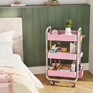 EUREKA ERGONOMIC 3 Tier Rolling Utility Cart, Metal Craft Art Organization Cart Storage Trolley w Handle, Locking Wheels, Pegboard & Storage Basket Hook for Office Kitchen Bathroom Laundry Room, Pink