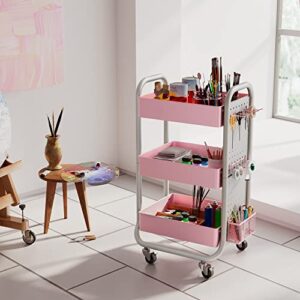 EUREKA ERGONOMIC 3 Tier Rolling Utility Cart, Metal Craft Art Organization Cart Storage Trolley w Handle, Locking Wheels, Pegboard & Storage Basket Hook for Office Kitchen Bathroom Laundry Room, Pink