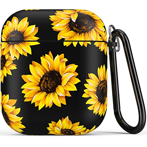 Airpod Case,Flexible Silicone Cover Cases for Airpods 1st/2nd with Cute Sunflowers Floral Design for Girls Women,Shockproof Protective TPU Airpod Case with Keychain Compatible with Wireless Charging