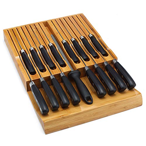 In-Drawer Knife Block,Bamboo Knife Drawer Organizer Insert, Kitchen Knife Drawer Storage for 16 Knives PLUS a Slot for your Knife Sharpener (Without Knives)