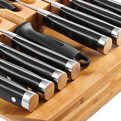 In-Drawer Knife Block,Bamboo Knife Drawer Organizer Insert, Kitchen Knife Drawer Storage for 16 Knives PLUS a Slot for your Knife Sharpener (Without Knives)