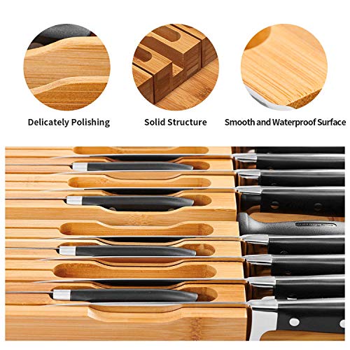 In-Drawer Knife Block,Bamboo Knife Drawer Organizer Insert, Kitchen Knife Drawer Storage for 16 Knives PLUS a Slot for your Knife Sharpener (Without Knives)