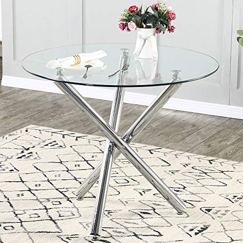 Glass Dining Table, Glass Round Dining Table Kitchen Table with Clear Tempered Glass Top, Modern Dining Table End Table Leisure Tea Coffee Table (Table)