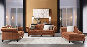 acanva collection mid-century vintage velvet camelback living room sofa, 3 piece set, tangerine