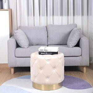 Modern Velvet Round Tufted Ottoman Button Stool with Gold Metal Base – Upholstered Footrest for Bedroom Living Room (Beige4, Large)