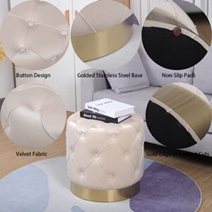 Modern Velvet Round Tufted Ottoman Button Stool with Gold Metal Base – Upholstered Footrest for Bedroom Living Room (Beige4, Large)