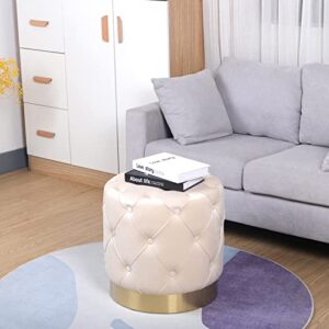 Modern Velvet Round Tufted Ottoman Button Stool with Gold Metal Base – Upholstered Footrest for Bedroom Living Room (Beige4, Large)