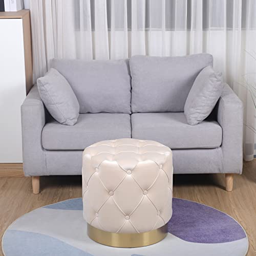 Modern Velvet Round Tufted Ottoman Button Stool with Gold Metal Base – Upholstered Footrest for Bedroom Living Room (Beige4, Large)