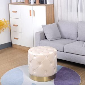 Modern Velvet Round Tufted Ottoman Button Stool with Gold Metal Base – Upholstered Footrest for Bedroom Living Room (Beige4, Large)