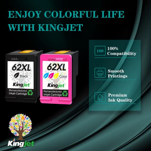 Kingjet 62XL Ink Cartridges Black and Color Remanufactured Replacement for HP 62 XL Ink for Envy 7640 5660 5540 5640 5642 7645 5644 5549 Officejet 5740 5741 5780 OfficeJet 200 250 Printer