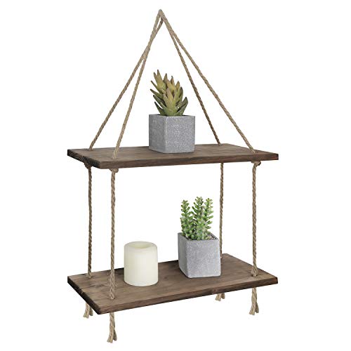 Flexzion Wall Hanging Shelf for Plants, 2 Tier Floating Rope Shelves with Hooks, Boho Wall Decorations for Bedroom Bathroom Living Room Farmhouse Rustic Decor Display Shelf for Plant