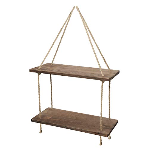 Flexzion Wall Hanging Shelf for Plants, 2 Tier Floating Rope Shelves with Hooks, Boho Wall Decorations for Bedroom Bathroom Living Room Farmhouse Rustic Decor Display Shelf for Plant