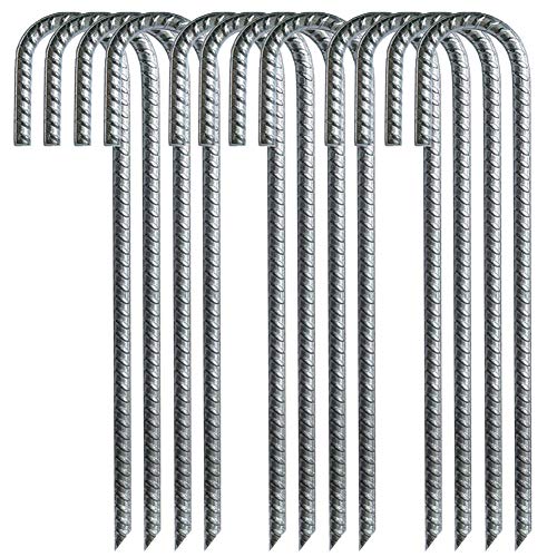 Toopify 12 Pack Rebar Stakes, 12" Heavy Duty J Hook Galvanized Ground Anchors, Anti Rust Metal Steel Tent Stakes Garden Fence Stakes, Silver