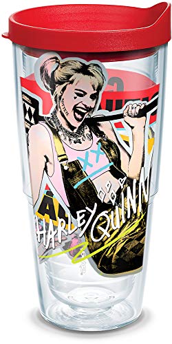 Tervis 1345089 Warner Brothers - Birds of Prey Harley Quinn Insulated Tumbler with Wrap and Red Lid, 24oz, Clear