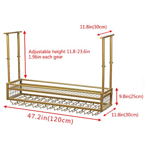 Ceiling Mounted Wine Rack and Glass Holder,Adjustable Industrial Wine Rack Shelf for Wall,2-Layer Hanging Wine Glass Rack Holder for Bar,47.2in Metal Iron Wine Shelf(Gold)