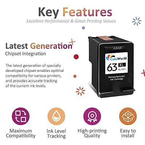 ColoWorld Remanufactured Ink Cartridge Replacement for HP 63XL 63 XL Work with Envy 4520 3634 OfficeJet 3830 3831 5252 4650 5258 5255 DeskJet 3636 3630 1112 1110 3637 3639 Printer (1 Black)