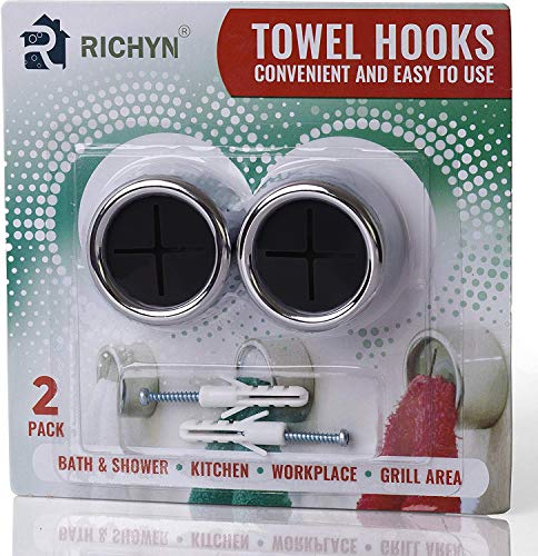 RICHYN Kitchen Towel Hooks Black – Set of 2 self Adhesive Towel Hook – Premium Chrome Finish & Easy Installation – Firmly Holds Towel Without Tearing – Ideal as Bathroom, Outdoor Towel Holders