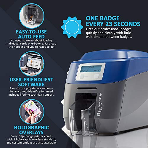 ID Maker Edge 1 Sided Card Printer Machine & Supply Kit for Badge Printing - Print Professional Quality Identification Badges - IDMaker Software, Premium Camera, 200-Print Color Ribbon, 100 PVC Cards