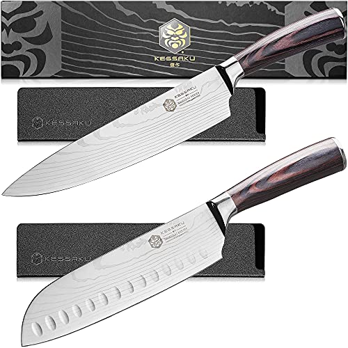 KESSAKU 8-Inch Chef & 7-Inch Santoku Knife Set - Samurai Series - Forged High Carbon 7Cr17MoV Stainless Steel - Pakkawood Handle with Blade Guards