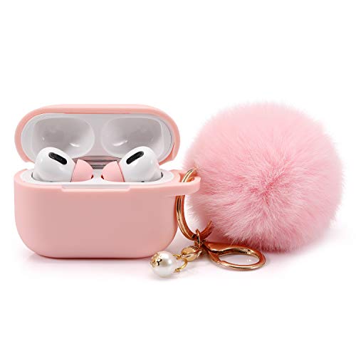 Protective Case Cover for Airpods Pro Charging Case with Ear Tips 1 Pair Kit, Air Pods Silicone Case with Soft Cute Ball Pom Pom Keychain Kit Together with Ear Buds Tips 2&1 (X, Light Pink)