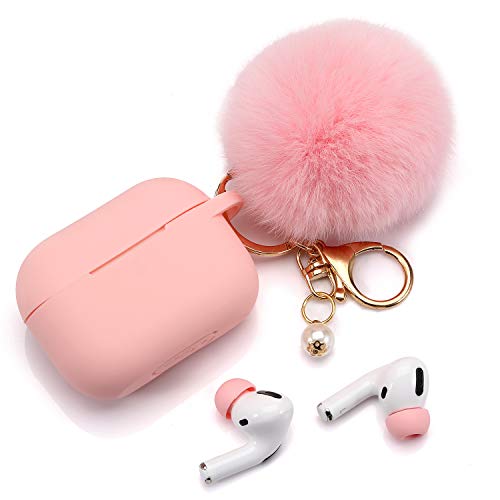 Protective Case Cover for Airpods Pro Charging Case with Ear Tips 1 Pair Kit, Air Pods Silicone Case with Soft Cute Ball Pom Pom Keychain Kit Together with Ear Buds Tips 2&1 (X, Light Pink)