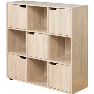 Basicwise 9 Cube Wooden Organizer With 5 Enclosed Doors and 4 Shelves, Oak