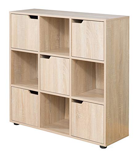 Basicwise 9 Cube Wooden Organizer With 5 Enclosed Doors and 4 Shelves, Oak