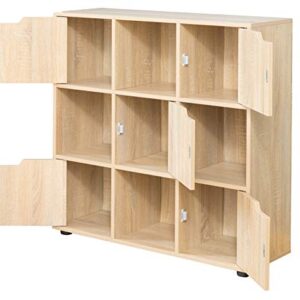 Basicwise 9 Cube Wooden Organizer With 5 Enclosed Doors and 4 Shelves, Oak