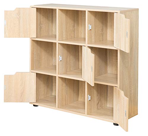 Basicwise 9 Cube Wooden Organizer With 5 Enclosed Doors and 4 Shelves, Oak