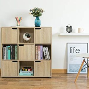 Basicwise 9 Cube Wooden Organizer With 5 Enclosed Doors and 4 Shelves, Oak