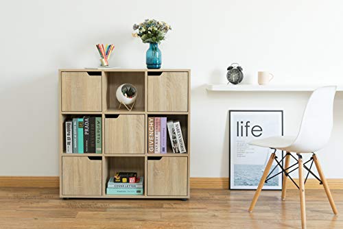 Basicwise 9 Cube Wooden Organizer With 5 Enclosed Doors and 4 Shelves, Oak