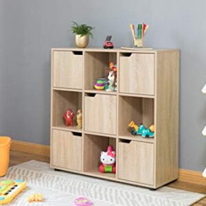 Basicwise 9 Cube Wooden Organizer With 5 Enclosed Doors and 4 Shelves, Oak