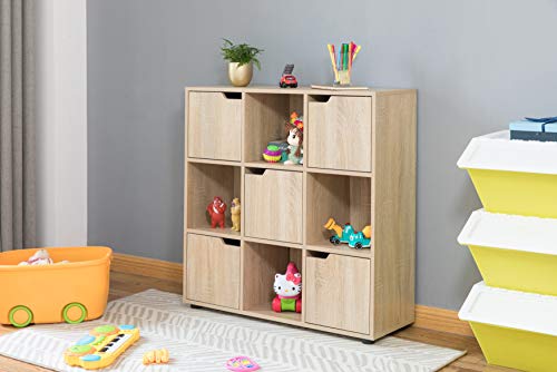 Basicwise 9 Cube Wooden Organizer With 5 Enclosed Doors and 4 Shelves, Oak