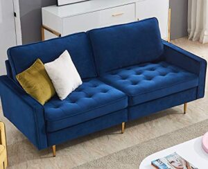 danxee velvet fabric sofa couch 71" wide mid century modern tufted fabric sofa living room sofa 700lb heavy duty with 2 pillows (blue)