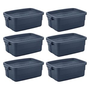 rubbermaid roughneck 10 gallon rugged storage tote in dark indigo metallic with lid and handles for home, basement, garage, (6 pack)