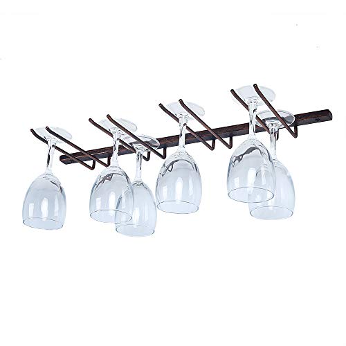 TIANGU Under Cabinet Wine Glass Rack,Stemware Rack Holds up to 8 Wine Glass,Hanging Wine Glass Holder,Metal Wine Glass Hanger,Glasses Organizer for Home Bar Kitchen(Bronze)