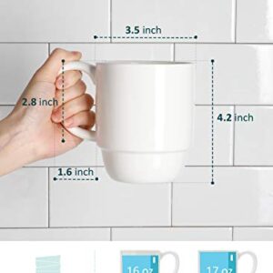 Porcelain Stackable Coffee Mugs Set of 4-16 Ounce Cups with Handle for Hot or Cold Drinks like Cocoa, Milk, Tea or Water - Smooth Ceramic with Modern Design, White