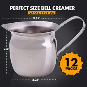 [12 Pack] 3 oz Creamer Pitcher - Stainless Steel Bell Creamers, Mini Cup Container for Serving Milk, Coffee Cream, Salad Dressing, Maple Syrup, Sugar, Espresso Machine for Restaurant, Cafes, Home Used