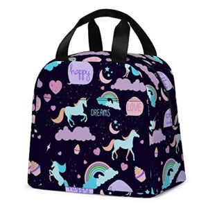 unicorn lunch bag for girls, reusable cute unicorn lunch box insulated lunch tote bag with front pocket for school kids teen girls (dark purple)