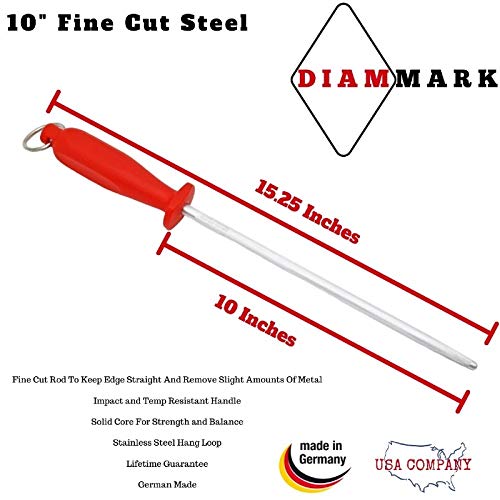 Diammark Packinghouse Steel - 10 Inch Rod Length - Fine Cut - Made In Germany - Extra Hardening To Handle Forged Knives And Extend Life Of Sharpener