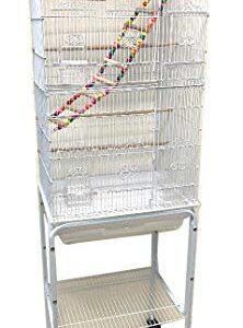 63-Inch Large Flight Bird Cage with Toys and 10-Step Play Ladder for Cockatiel Parakeet Finch Budgie Lovebird Canary Finch Pet Bird Cage with Rolling Stand (White with Toy)